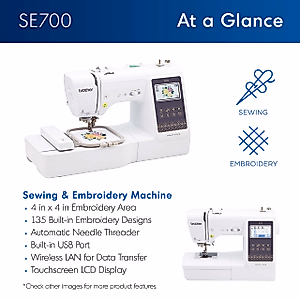 Brother SE700 Sewing and Embroidery Machine, Wireless LAN Connected, 135 Built-in Designs, 103 Built-in Stitches, Computerized, 4" x 4" Hoop Area, 3.7" Touchscreen Display, 8 Included Feet