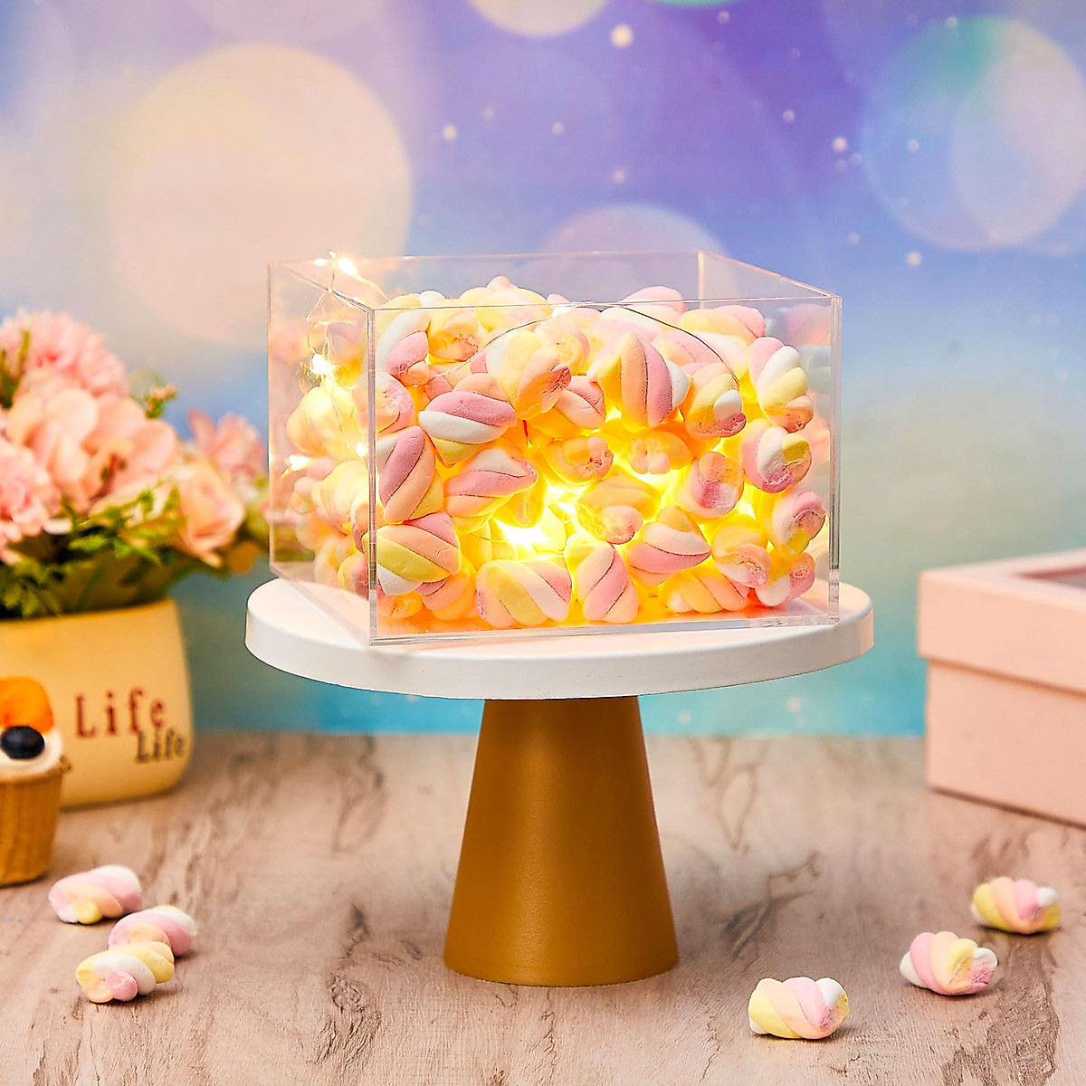 Sintuff 2 Pcs Square Acrylic Cake Stand 2 Tiers 6''/10'' Clear Fillable Cake Riser with LED String Light Cupcake Stand with Lid for Wedding Birthday Party Table Desserts