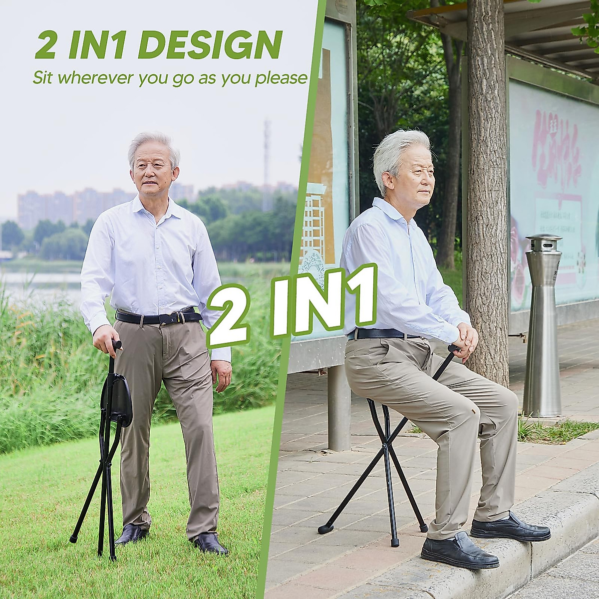 Doctor.Roo Walking Cane with Seat, Lightweight Walking Stick for Seniors, Anti-Slip Sturdy Seat Cane, While Walking and Convenience for Sitting