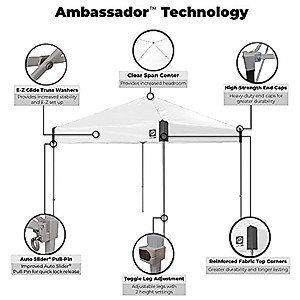 E-Z UP Ambassador Instant Shelter Canopy, 10' x 10', Roller Bag and 4 Piece Spike Set, White Slate