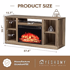 YESHOMY Electric Fireplace TV Stand for Televisions up to 65+ Inch, Media Entertainment Center Console Table with Four Open Storage Shelves & Cabinets, 58 Inch, Barnwood