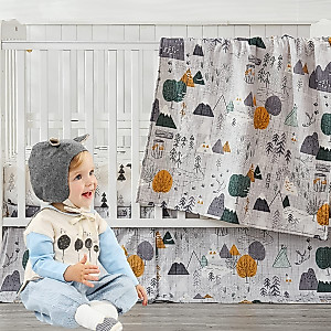 Brandream Woodland Baby Crib Bedding Set | 3-Piece Crib Bed Blanket, Fitted Crib Sheet and Crib Bed Skirt Cotton | Snow Mountain Ancient Forest Theme - Gray White Black