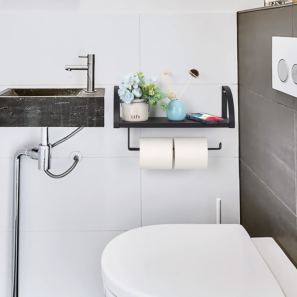 Paper Towel Holder Wall Mount with Shelf Industrial Pine Wood Paper Towel Roll Rack Under Cabinet Spice Rack for Kitchen Bathroom Hanging Paper Towel Holder - Matte Black