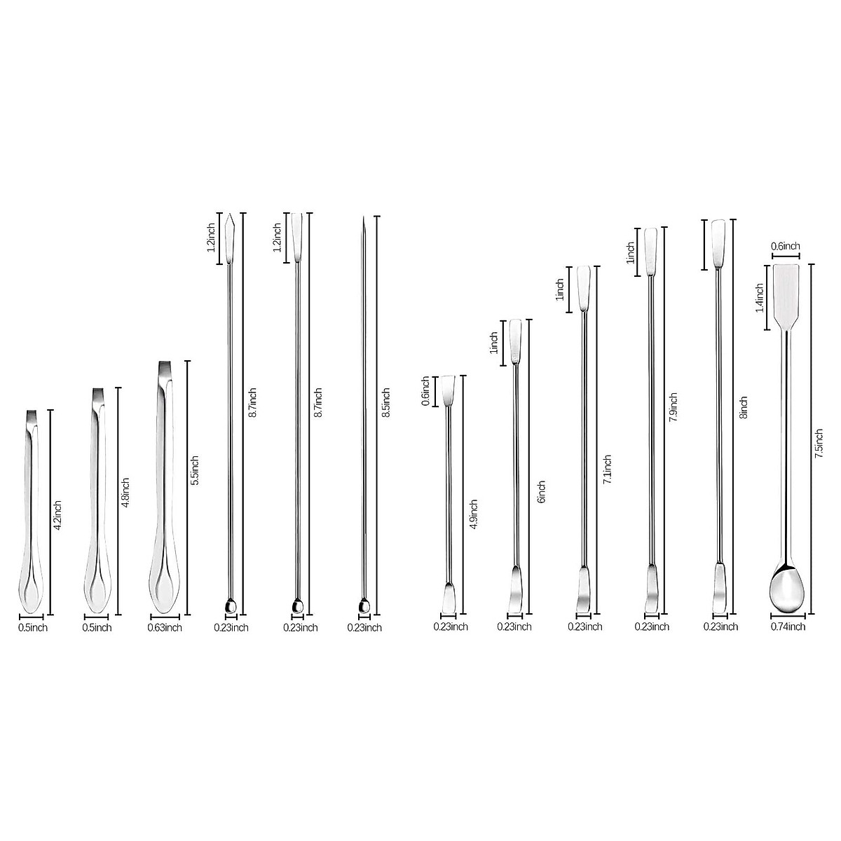 12pcs Stainless Steel Laboratory Spatula Micro Spatula Lab Sampling Scoop Long Sampling Spoon Assortment Kit