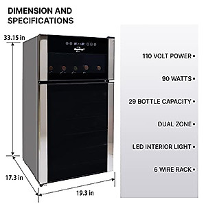 Koolatron 29 Bottle Dual Zone Wine Cooler, Black, 3 cu ft (86L) Compressor Wine Fridge, Freestanding Wine Cellar, Red, White, Sparkling Wine Storage in Home Bar, Kitchen, Apartment, Condo
