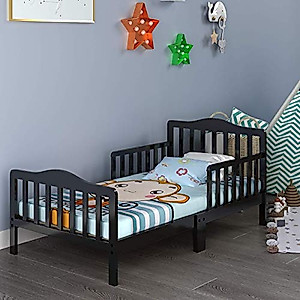 Costzon Toddler Bed, Classic Wood Kids Bed Frame w/Double Safety Guardrail, Low to Floor Design, Wooden Slat Support, Fits Full Size Crib Mattress, Bedroom Furniture for Boys & Girls (Black)