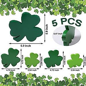 5 PCS St. Patrick’s Day Wood Decorations Green Shamrock Wood Table Signs Clover Wooden Block Signs Irish Party Tiered Tray Decor for Home Holiday Party Supplies Table Centerpieces