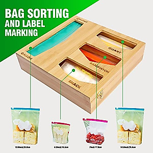 KIUDRUT Ziplock Bag Organizer for Kitchen Drawer,Bamboo Ziplock Bag Storage Organizer for Gallon, Sandwich, Snack and Quart