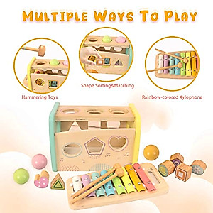 WOODENFUN Hammering Pounding Toys Wooden Educational Toy Xylophone Shape Sorter, Birthday Gift for 1 2 3 Years Boys Girls Baby Toddler Kids Developmental Montessori Learning Toy (Yellow)