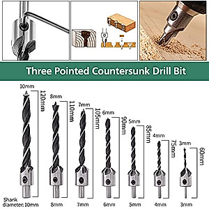 A young store 23 Pack Woodworking Chamfer Drilling Tool, 6pcs Countersink Drill Bit, 7pcs Three Pointed Countersink Drill Bit, 8pcs Wood Plug Cutter, with L-Wrench and Automatic Center Punch