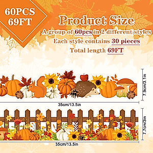 Whaline 69FT Fall Bulletin Board Borders Autumn Fence Flower Border Trim Self-Adhesive Pumpkin Fall Leaves Squirrel Hedgehog Board Decal Stickers for School Classroom Wall Thanksgiving Decor