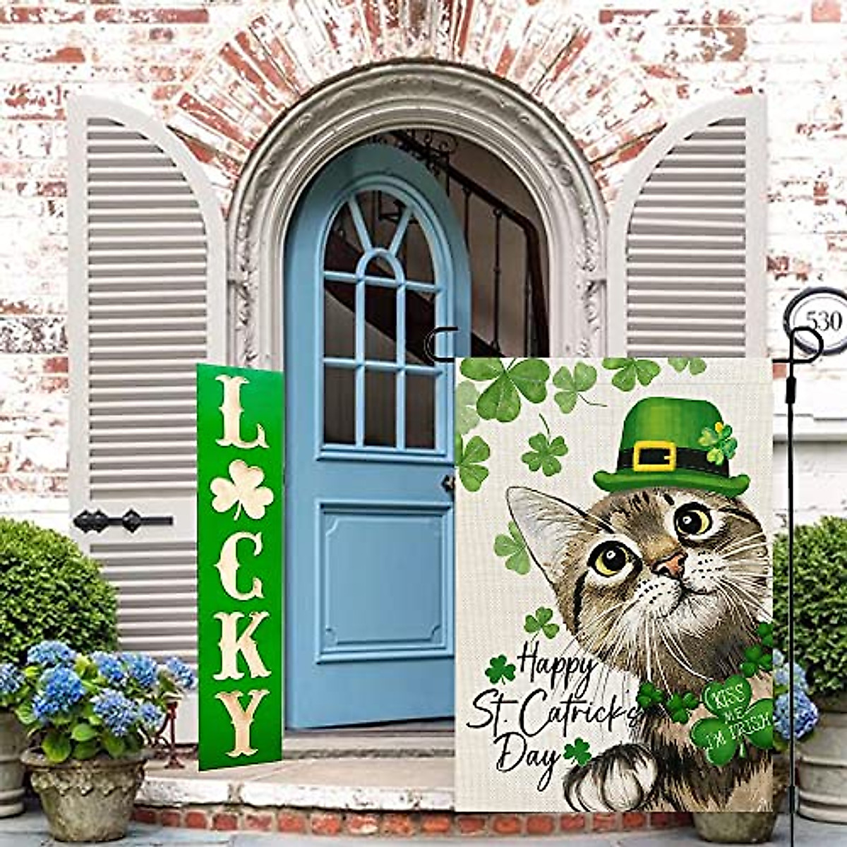 CROWNED BEAUTY Happy St Patricks Day Cat Garden Flag 12x18 Inch Double Sided for Outside Small Burlap Green Shamrocks Clovers Hat Yard Holiday Flag
