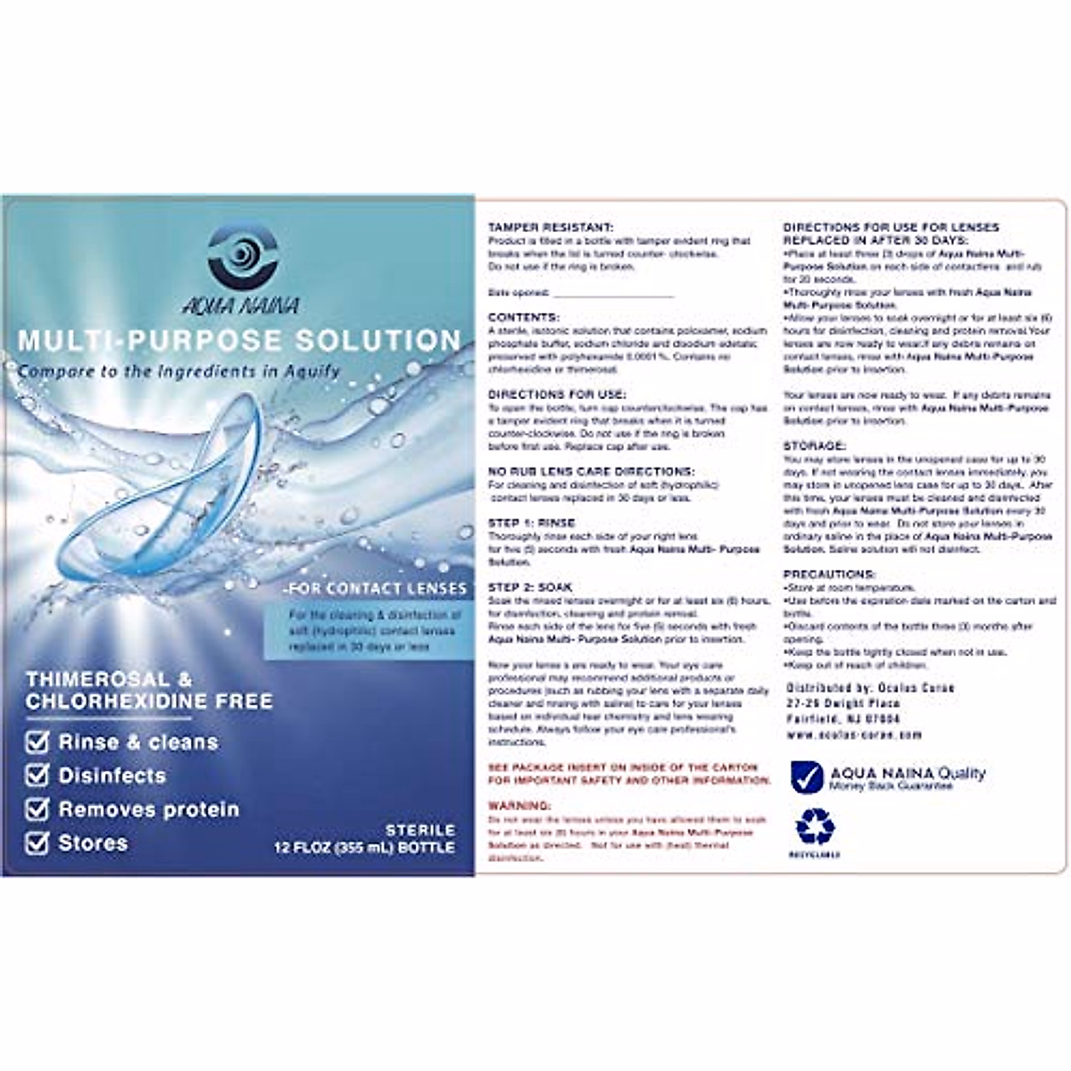 Aqua Naina (2 Pack) 12 Fl Oz | Contact Lens Solution | Cleaning and Disinfecting Multi-Purpose Solution | Convenient Everyday Lens Hygiene and Eye Care