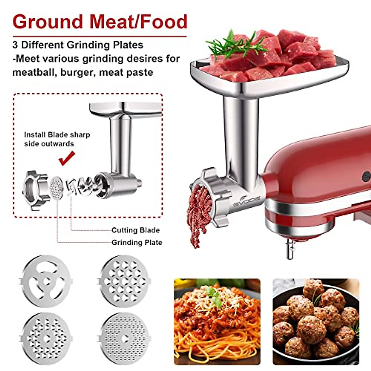 Metal Meat Grinder Attachment for KitchenAid Stand Mixer,Meat Grinder KitchenAid Includes 4 Grinding Plates, 3 Sausage Stuffer Tubes, 2 Grinding Blades, Meat Grinder Attachment by Gvode
