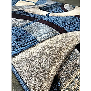 Modern Door Mat Area Rug Contemporary Geometric Blue Burgundy Black & Beige Sculpture Design 248 (2 Feet X 3 Feet 4 Inch)