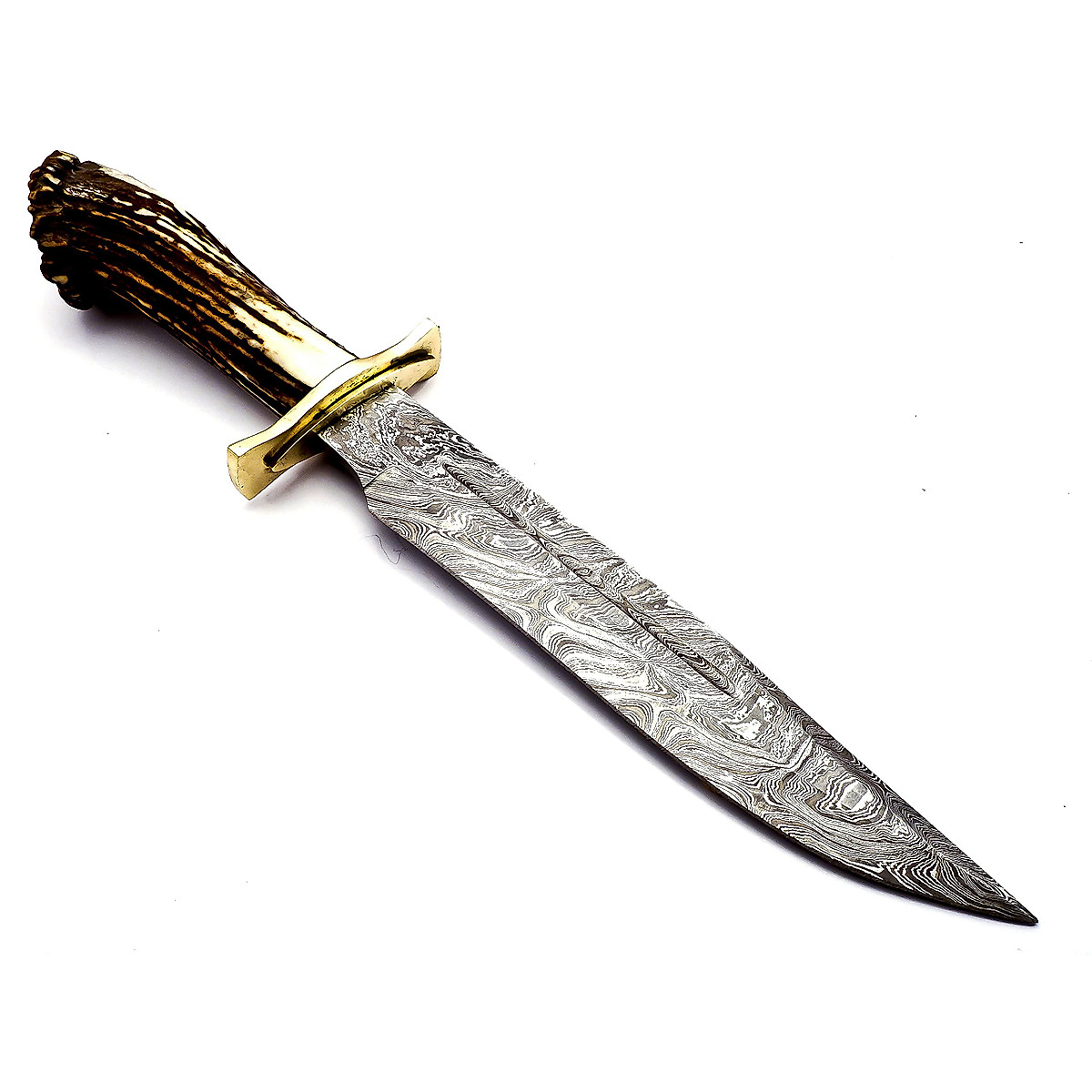 Skokie Knives Damascus Steel Bowie Knife Bull Horn Handle with & Brass Guard –16” Handmade Premium Quality Sharp Edge Fix Blade -Genuine Multipurpose Knife Ideal for Hunting, Camping (Stage B)