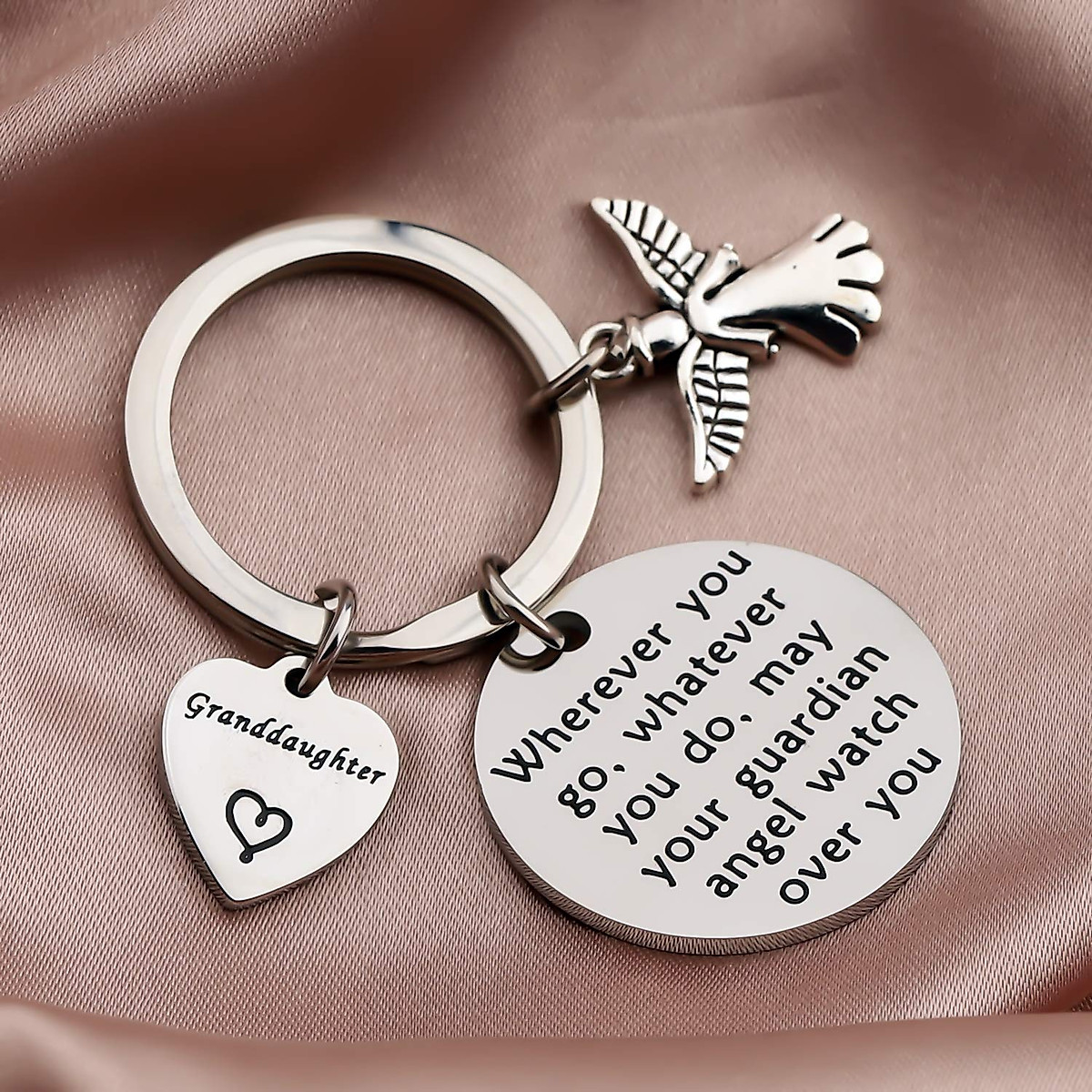 LQRI Drive Safe Keychain Traveler Gift Wherever You Go May Your Guardian Angel Watch Over You Guardian Angel Keychain for Dad Mom Daughter Grandma Granddaughter Aunt Gift (granddaughter)