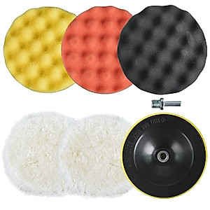 7 Pcs Waxing Buffing Pad Kit, 7 Inch Buffing and Polishing Pad Kit, 3 Pcs Polishing Sponge,2 Pcs Wool Pad, and a M14 Threaded Polisher Grip Backing Plate for Car Buffer Polisher, Polishing and Waxing