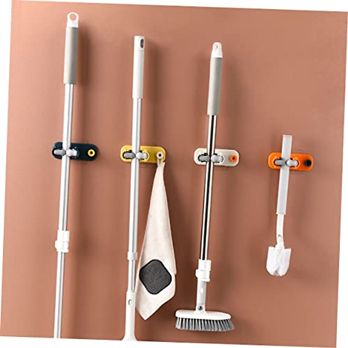TOGEVAL 4pcs Wall Mounted Mop Hanger Cleaning Tools Organizer Wall Mount Clothing Rack Broom Hook Broom Hanger Organizer Garage Utility Rack Broom Holder Wall Mount Self Adhesive Yellow