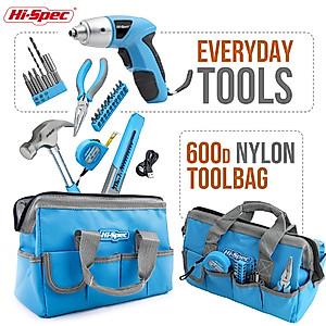 Hi-Spec 21-Piec Blue Tool Set with 3.6V USB Electric Power Screwdriver,Tool Kit for Home, DIY Essential Hand Tool Set Kit