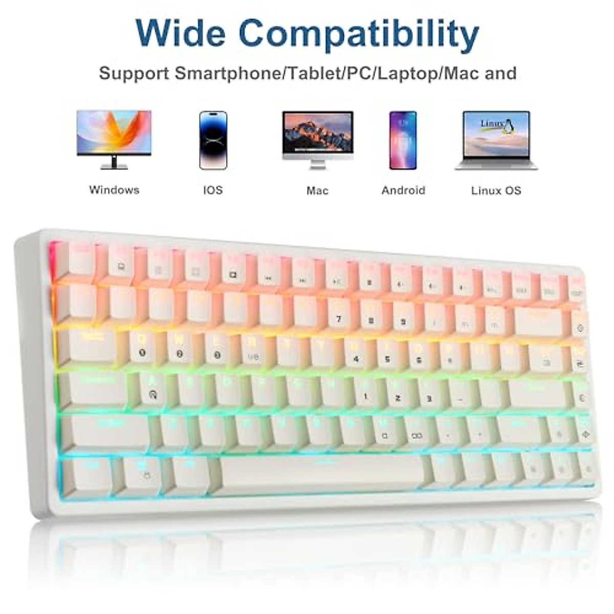 HUO JI Wireless Mechanical Gaming Keyboard, Programmable RGB Backlit, Bluetooth 5.0, Red Switches, 84 Keys, Wired 60% Keyboard for iPad, iMac Android/Windows Tablet Laptop Desktop, White