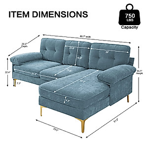 TEKAMON 82.7" Blue Convertible Sectional Sofa, Chenille Fabric L-shaped Couch, Small 3 seats Reversible Sleeper Sofa with Machine Washable Covers for Living room,Apartment and Small Space, Gloden legs