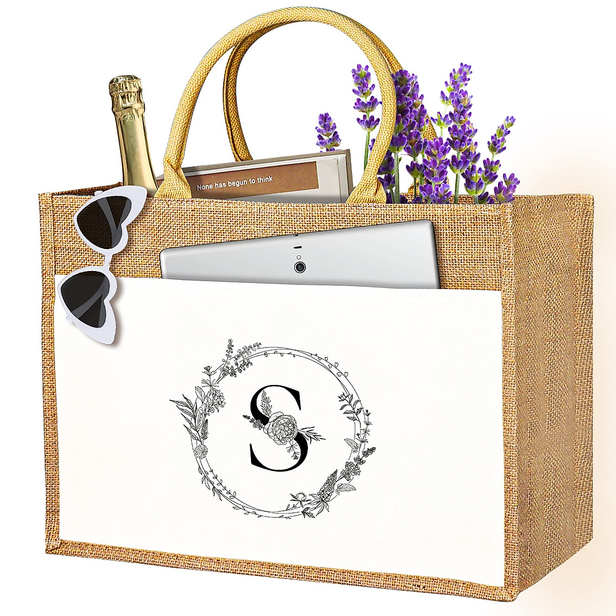 JUSTOTRY Initial Tote Bag - Natural Jute Large 13OZ Utility Personalized Canva Tote Bag Monogrammed Gift for Women