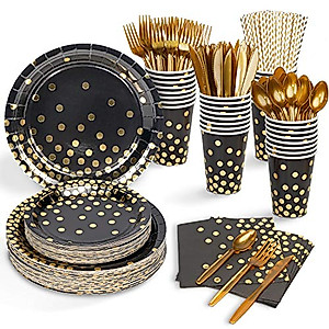 DECORLIFE Black Paper Plates, 400PCS Serves 50, Black and Gold Plates and Napkins Party Supplies, 12oz Cups, Utensils, Straws for Graduation Homecoming Retirement Anniversary Birthday Party