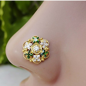 Gold Nose Piercing Indian Nose Stud Big Nose stud Gold Nose Stud Crock Screw Nose Stud Medusa Piercing Gift for her 16g Nose Stud Indian Nose Ring, Green,White