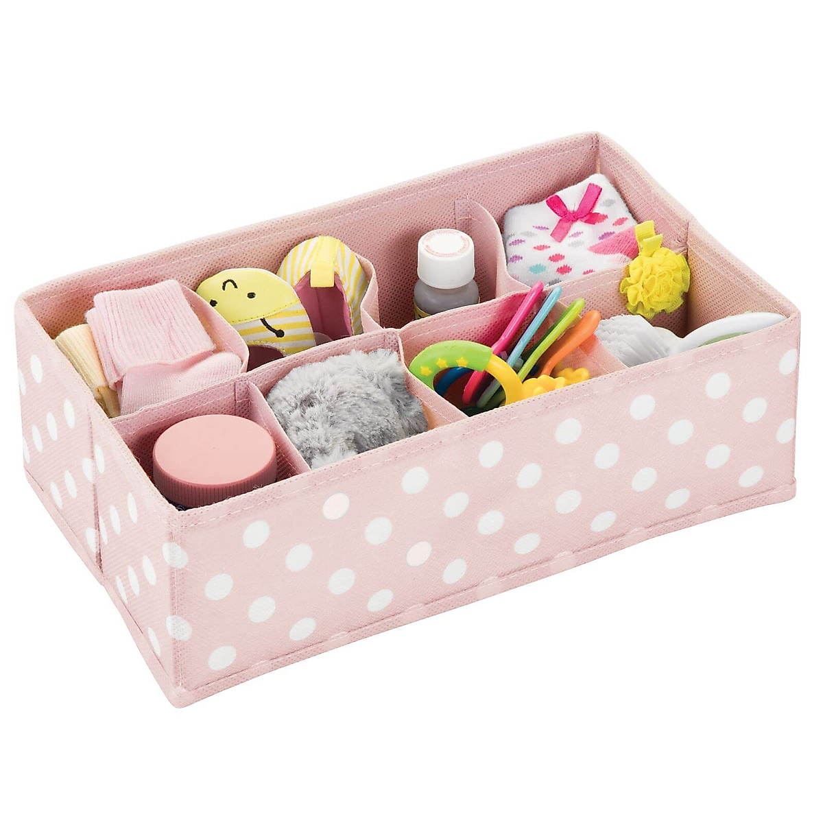 mDesign Fabric 8-Section Divider Drawer Organizer Bin for Baby Nursery Dresser, Closet, Shelf, Changing Table Organization, Hold Clothes, Toys, Diapers, Bib, Blanket - 2 Pack, Pink/White Polka Dot