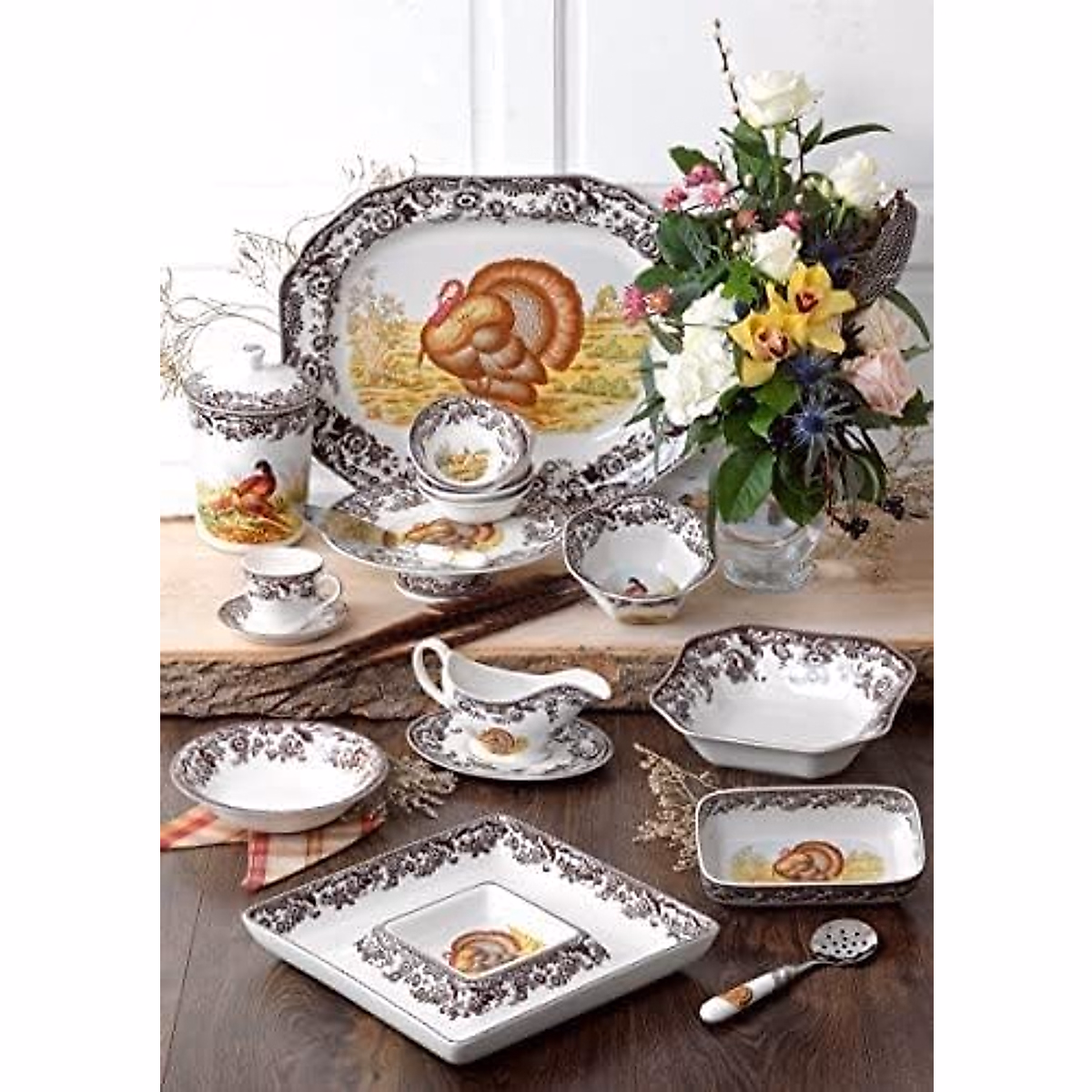 Spode Woodland 10.5" Dinner Plates, (Set of 4) - Turkey Design, Thanksgiving Tableware - Fine Earthenware, Dishwasher & Microwave Safe, Classic Floral Pattern - Hunting Cabin, Lodge, Cottage Décor