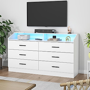 Gyfimoie 6 Drawer Dresser with Power Outlet, Chest of Drawers with LED Light, Modern Dresser with Open Storage Cubby, Double Wide Dresser Organizer for Bedroom, Living Room, Entryway, Hallway