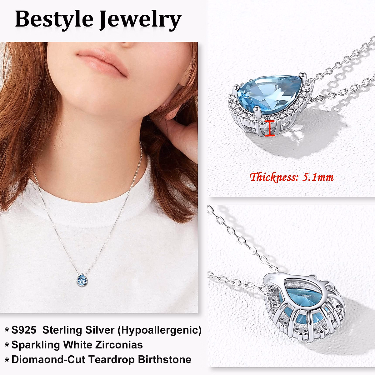 Bestyle 925 Sterling Silver Love Teardrop Cubic Zirconia Necklaces March Aquamarine Birthstone Crystal Pendant for Women, Hypoallergenic Necklaces for Sensitive Skin