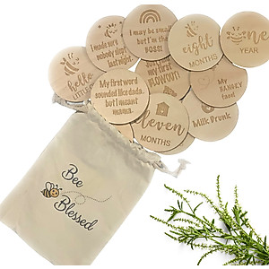 Funny Baby Monthly Milestone Announcement Cards | 13 Round Wooden Double Sided Signs | Gender Neutral Gifts | Baby Shower | Fun Photo Props | Baby Registry | Pregnancy Gift | Baby Photo Props