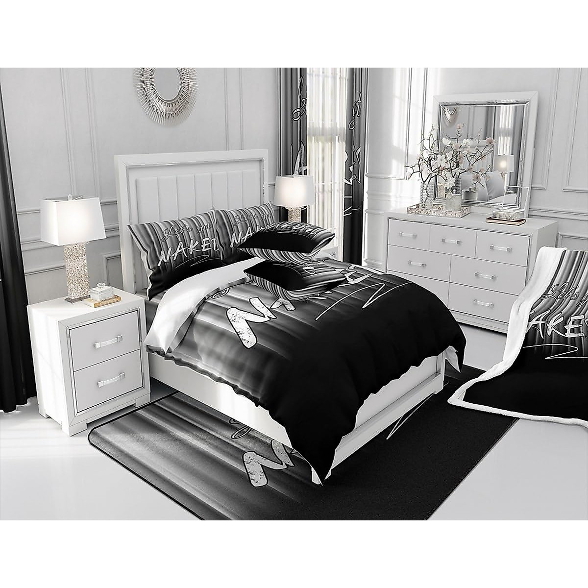 Kids Let's Get Naked Pattern Bedding Set Queen Size White Strip Lines Bedding Duvet Cover Set For Boys Teens Decor Geomestric Comforter Cover Set Black White Bedspread Cover Bedroom Quilt Cover 3Pcs