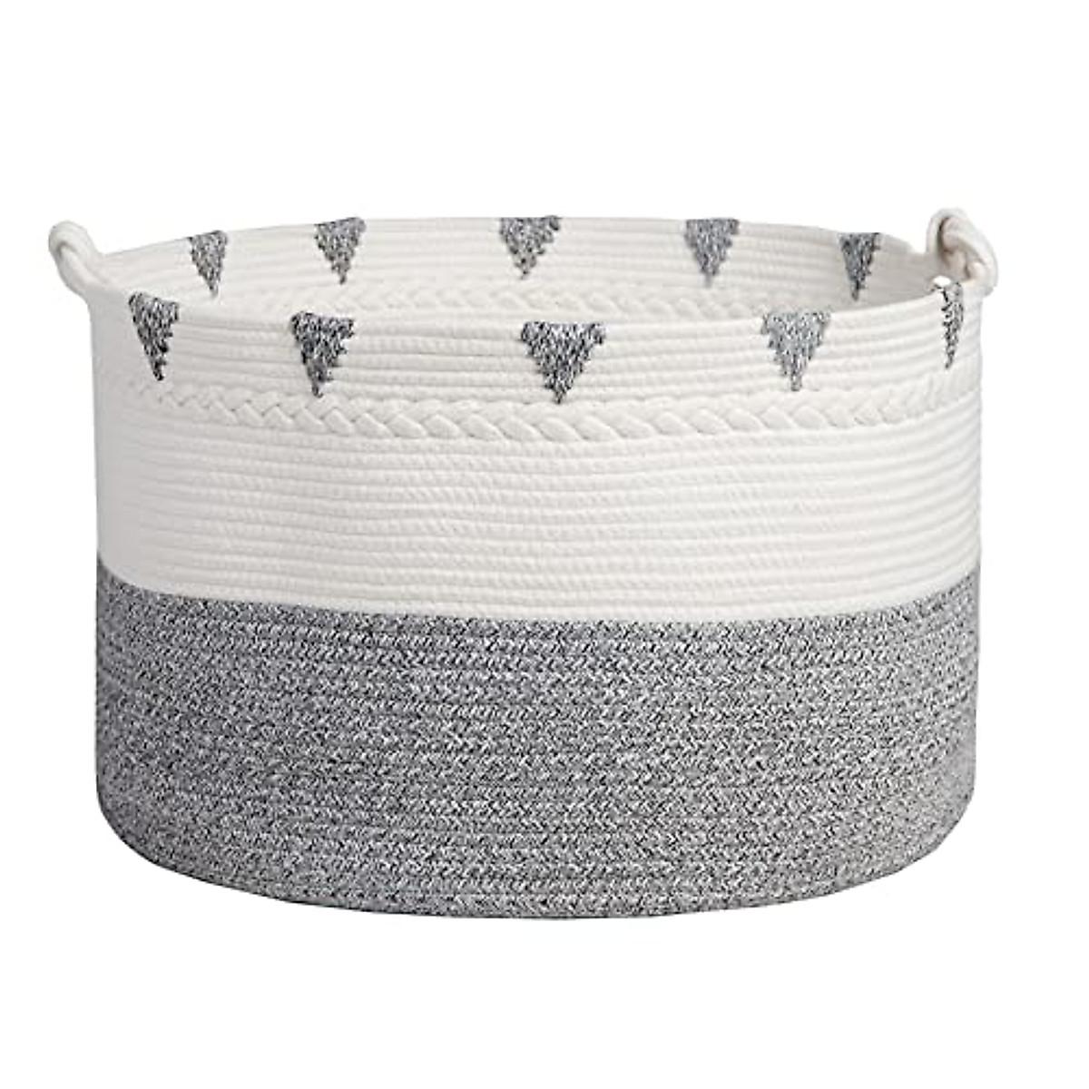 Decospark XXXL Cotton Rope Basket For Toy And Blanket Storage| 21.7" x 13.8" | Soft Long Handles | Decorative Home Organizer Ideal For Living Room, Baby Clothes And Laundry (Grey and White)