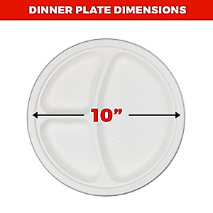 NYHI Heavy Duty Compartment Plates | 10 Inch Disposable 3 Compartment Divided Plates For Adults & Kids | White Eco Friendly Sugarcane Paper Plates Are Cut & Leak Resistant | 125 Pack (3 Compartment)