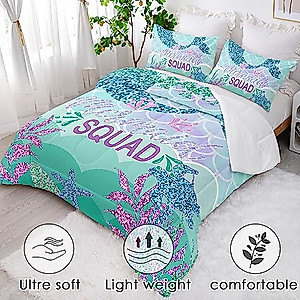 KTAbedding Mermaid Tail Comforter Sets Twin size Bedding Sets for Girls Teens Kids Teal,Easy Care,Cozy Lightweight,1 Comforter&2 Pillowcases Bed-in-a-Bag 3 pieces