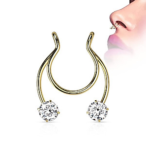 18GA Stainless Steel Prong Set CZ Crystal Horseshoe Clip On Non-Pierce Fake Septum Nipple Rings, Sold as a Pair (Gold Tone)