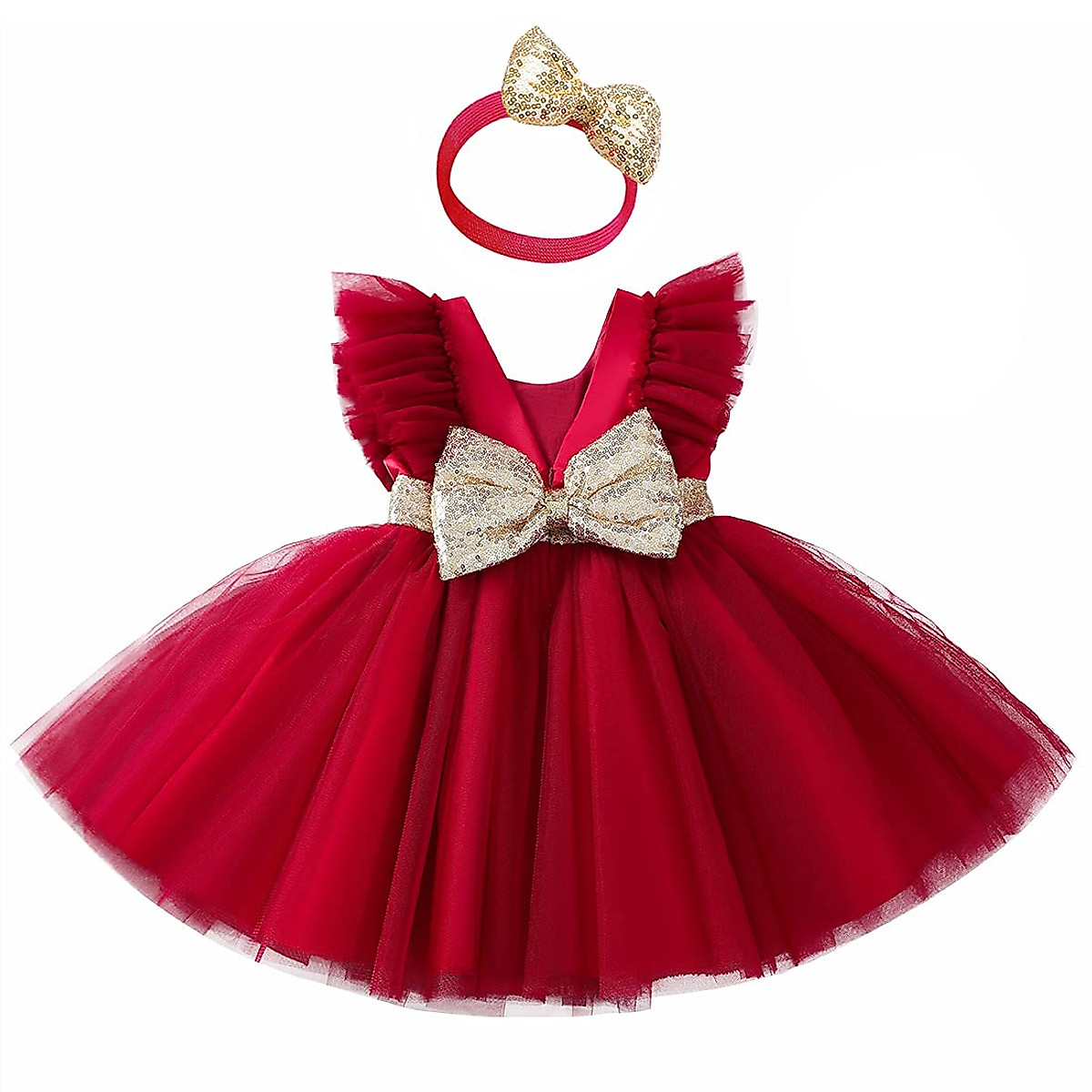KLFFLGID Baby Girl Sequins Bowknot Dresses Toddler Flower Girl Birthday Wedding Party Dresses for Girls Pageant Ball Gown Size 90 (Wine Red)