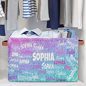 KFNHN Personalized Foldable Storage Basket with Name, Laundy Hamper Dirty Clothes Pet Toys Storage Bin with Handles for Shelf Home Closet Kitchen, Gradient Purple Blue Glitters Print