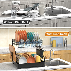 Stofiro Dish Drying Rack with Drainboard, 2 Tier Drying Rack for Kitchen Counter, Rustproof Multipurpose Dish Rack with Cutting Board Holder, Drainage, Utensil Holder, Cup Holder, Dryer Mat