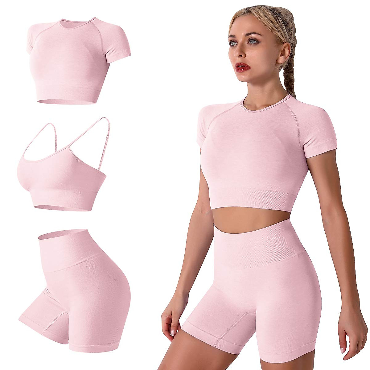 Women's Seamless Yoga Outfits 3 Pieces Workout Short Sleeve Crop Top + Camisole Tank Sports Bra + High Waisted Running Shorts Sets Biker Activewear Athletic Fitness Tracksuit Gym Clothes Pink Small