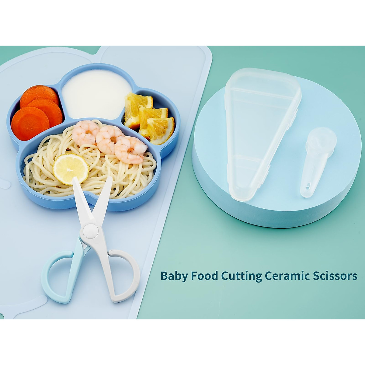 Ceramic Scissors for Baby Food Cutting, Safety Healthy BPA Free Toddler Feeding Shears with Protective Blade Cover and Portable Travel Case-Blue/Grey