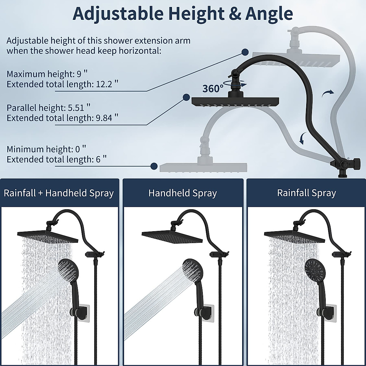 Hibbent 8 Inch High Pressure Rainfall Shower Head/Handheld Showerhead Combo with 12 Inch Adjustable Curved Shower Extension Arm,7-Spray,71-inch Hose Adhesive Showerhead Holder,Oil-Rubbed Bronze