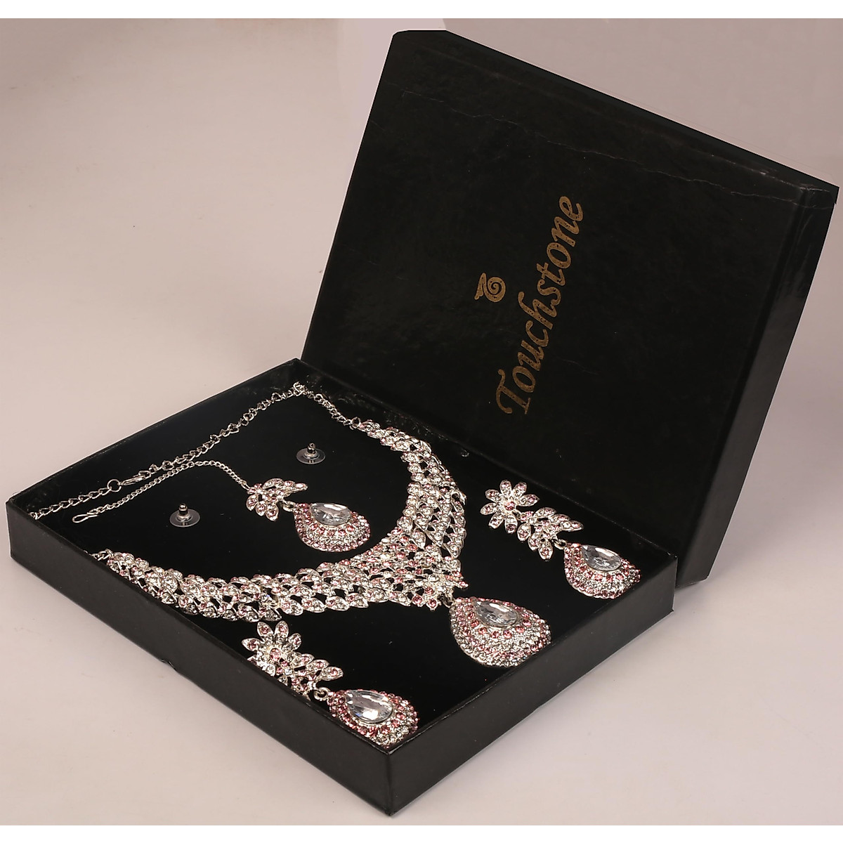 Touchstone Indian wedding jewelry sets for women necklace bollywood jewellery set pink and silver desi bridal designer necklaces earrings artificial joyeria rhinestone crystal fancy in white tone