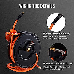 VEVOR Retractable Air Hose Reel, 3/8 IN x 50 FT Hybrid Air Hose Max 300PSI, Air Compressor Hose Reel with 5 ft Lead in, Ceiling/Wall Mount Heavy Duty Single Arm Steel Reel