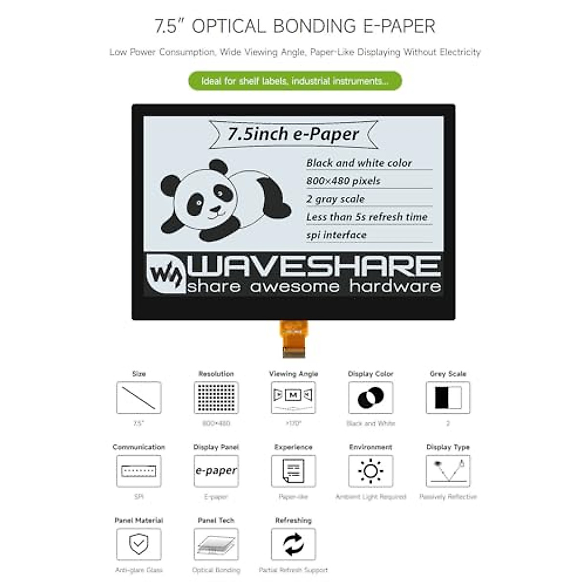 Waveshare 7.5inch E-Paper E-Ink Optical Bonding Display Compatible with Raspberry Pi 4B/3B+/3B/2B/B+/A+/Zero/Zero W/WH/Zero 2W Series Boards 800×480 Pixels Dual-Color with SPI Interface Without PCB