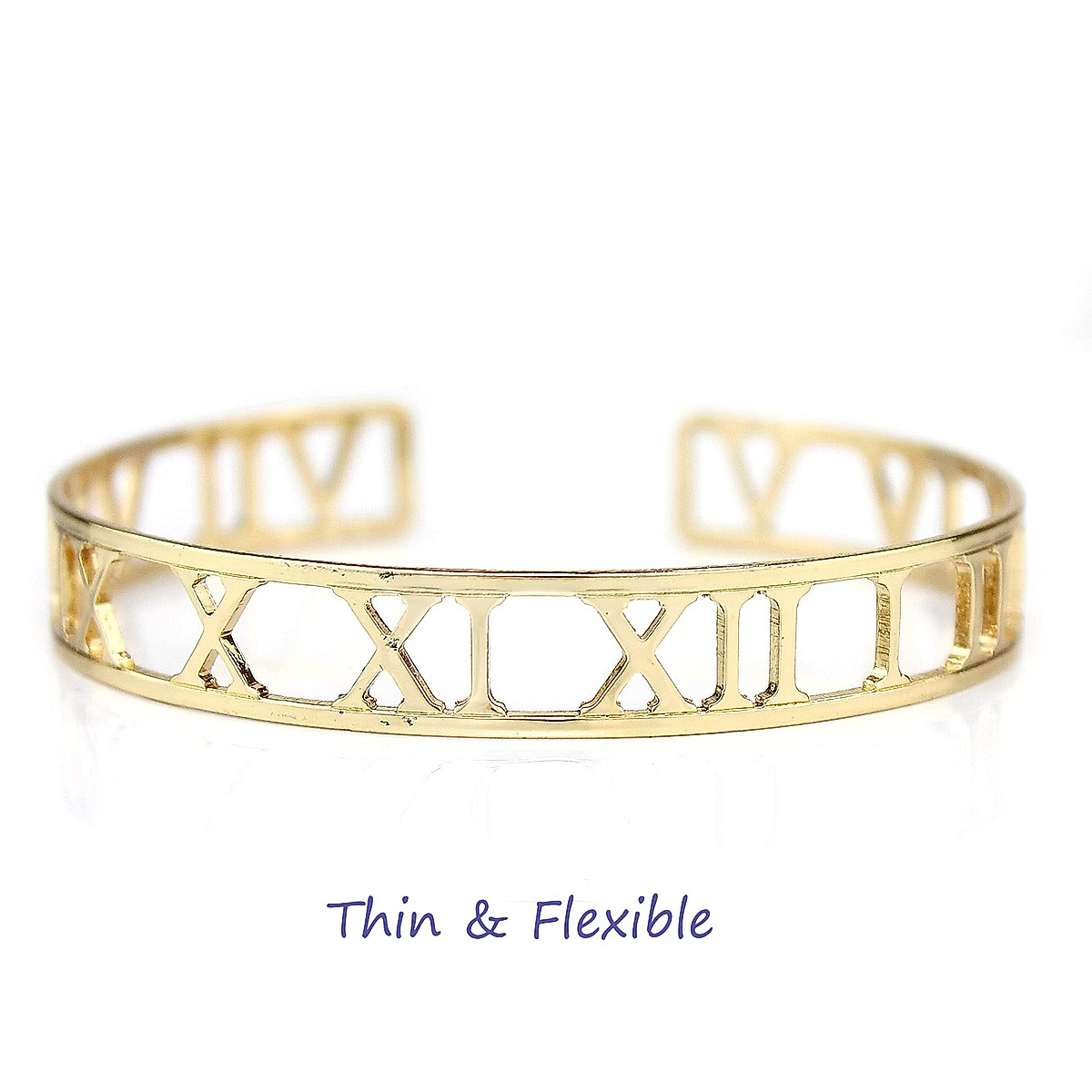 POMINA Roman Numeral Cuff Bangle Bracelet for Women Fashion Gold Flat Thin Open Cuff Bracelet for Teen, Flexible (Roman- Gold)