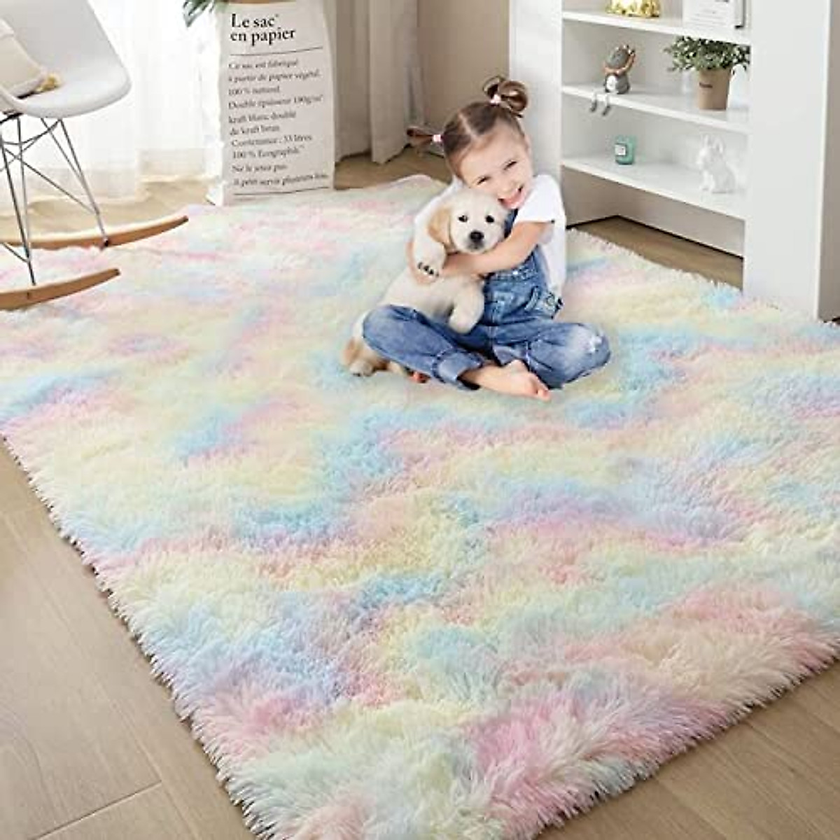 URBEST Area Rugs Super Soft Rustic Plush Fuzzy Shag Tie-Dye Rug for Living Room Kids Bedroom Pet Friendly Rainbow 4x6.6 Feet